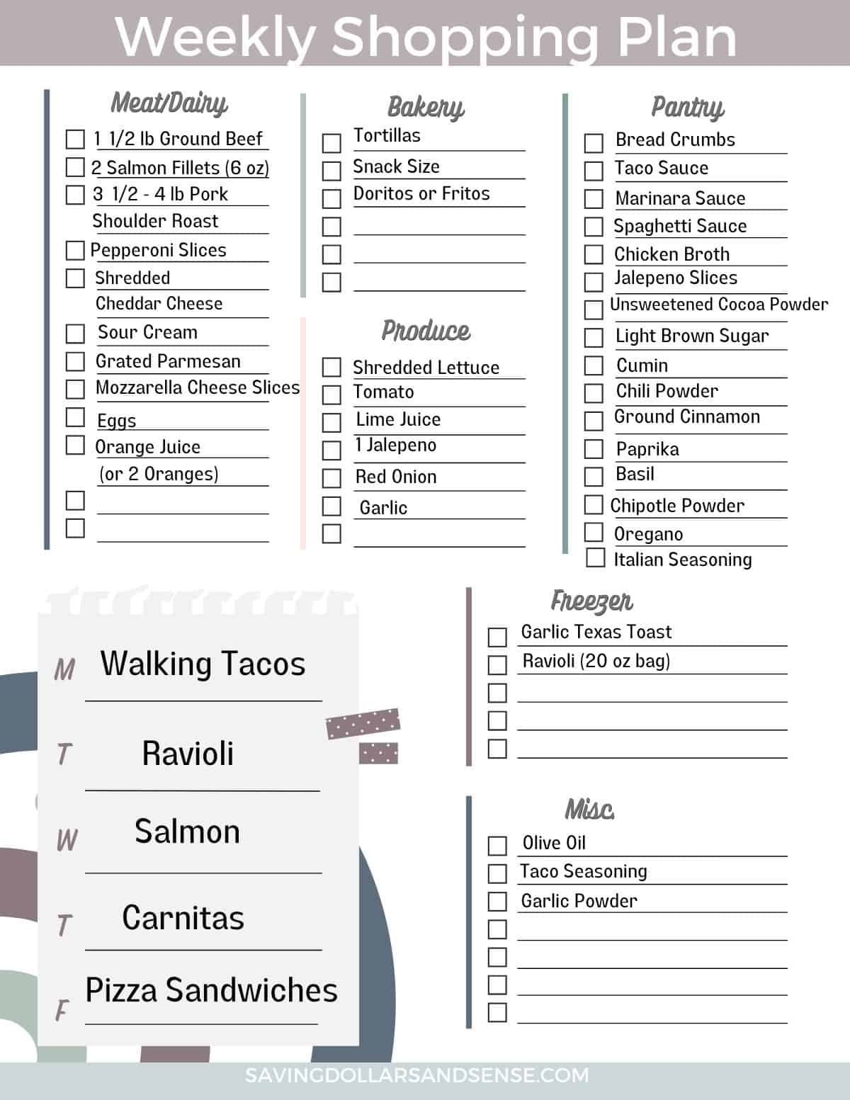 Weekly Meal Plan + Printable Grocery List - Saving Dollars and Sense
