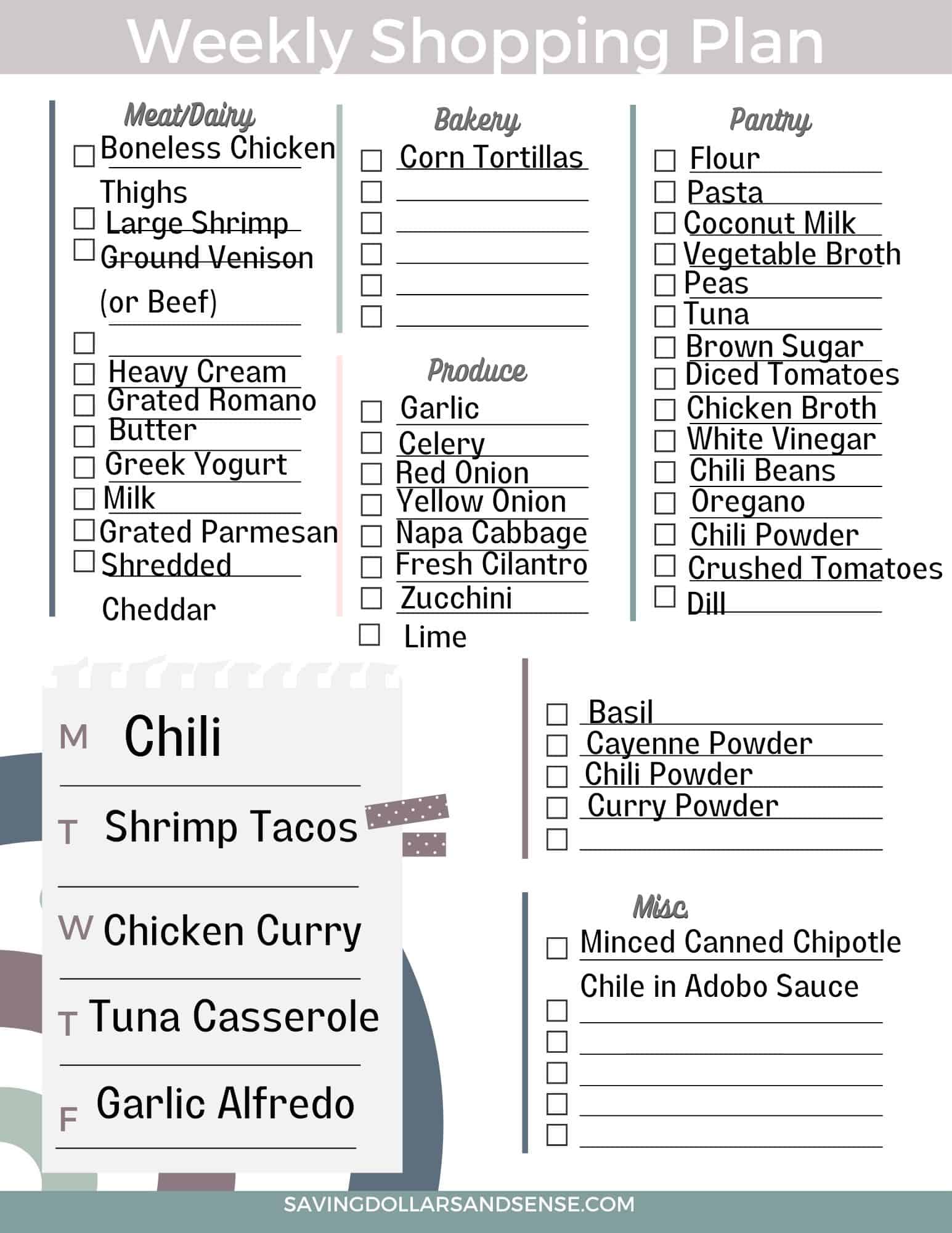 Weekly Meal Plan 4 - Saving Dollars and Sense