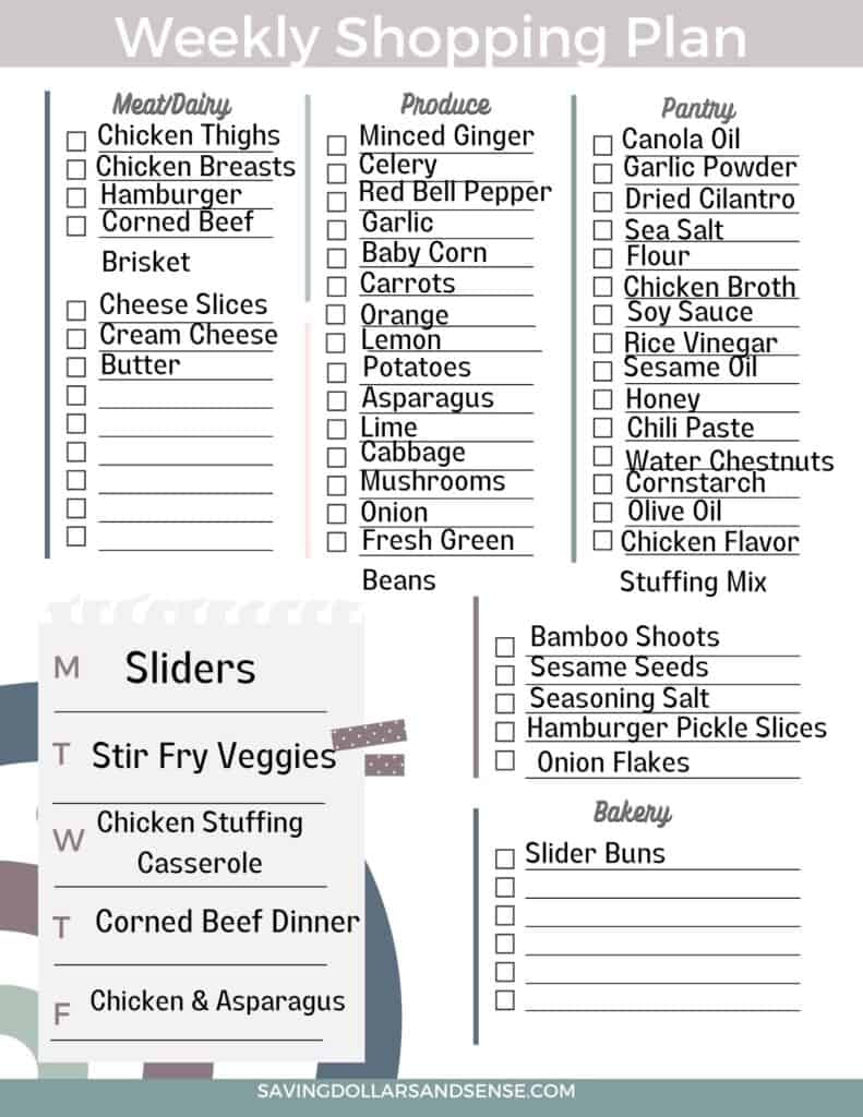 Weekly Meal Plan 6 - Saving Dollars and Sense