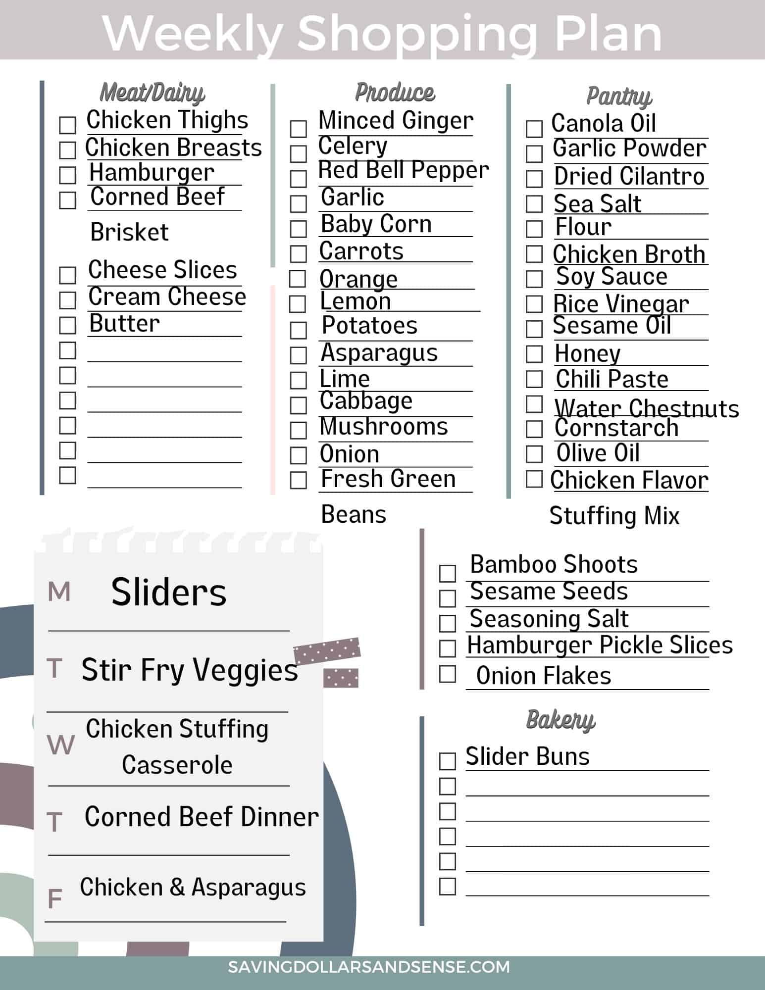 Weekly Meal Plan 6 - Saving Dollars & Sense