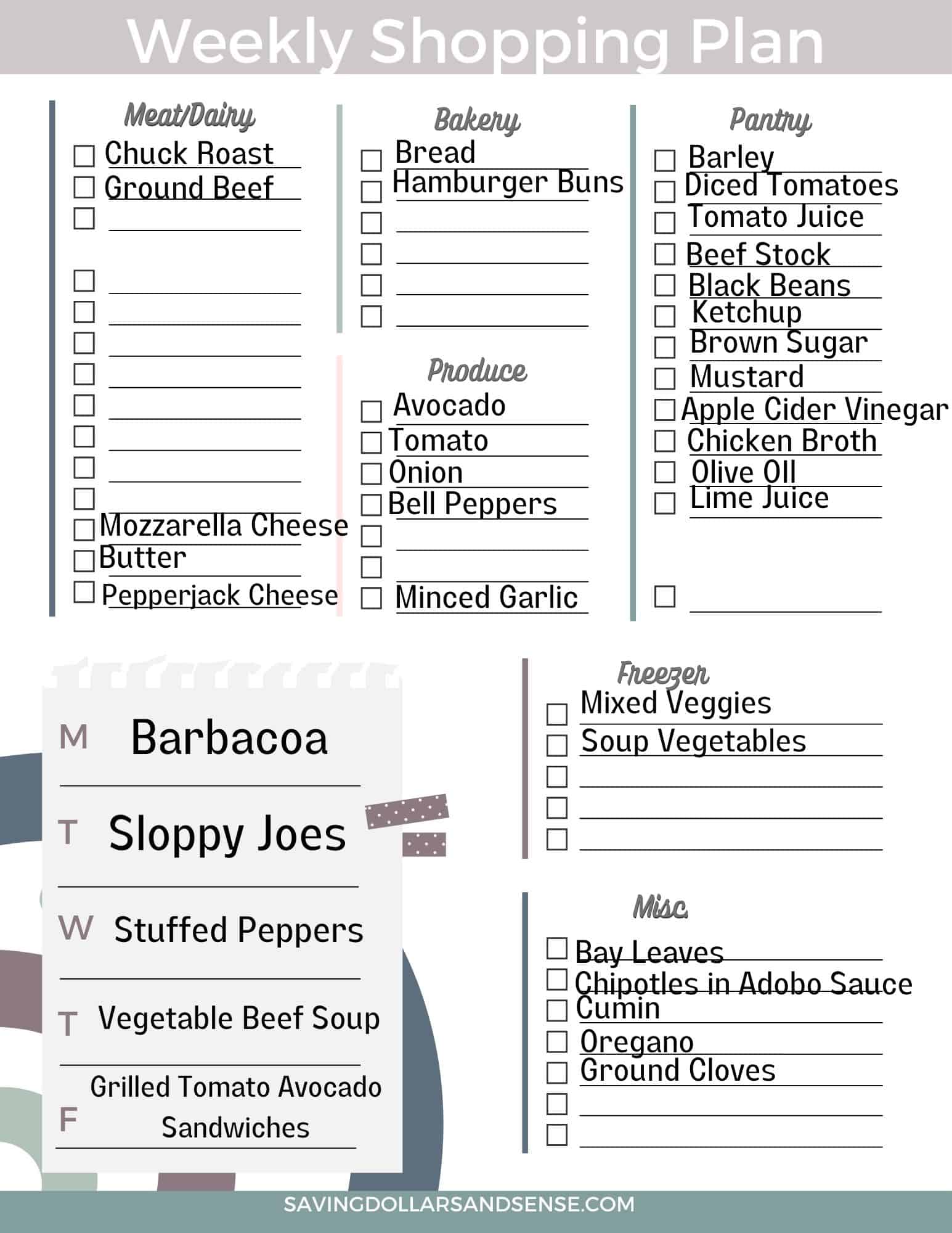 Weekly Meal Plan 7 - Saving Dollars & Sense