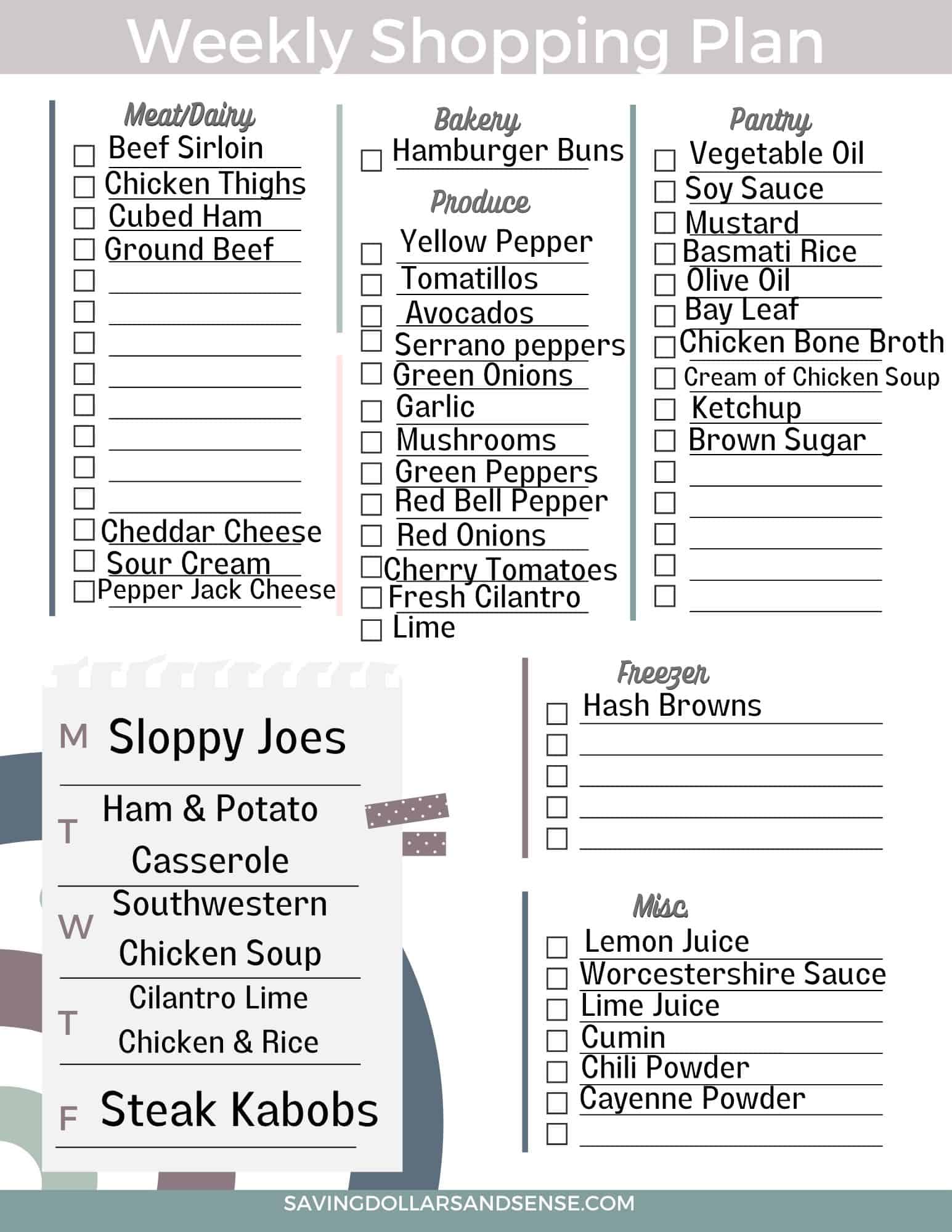 Weekly Meal Plan 9 - Saving Dollars & Sense